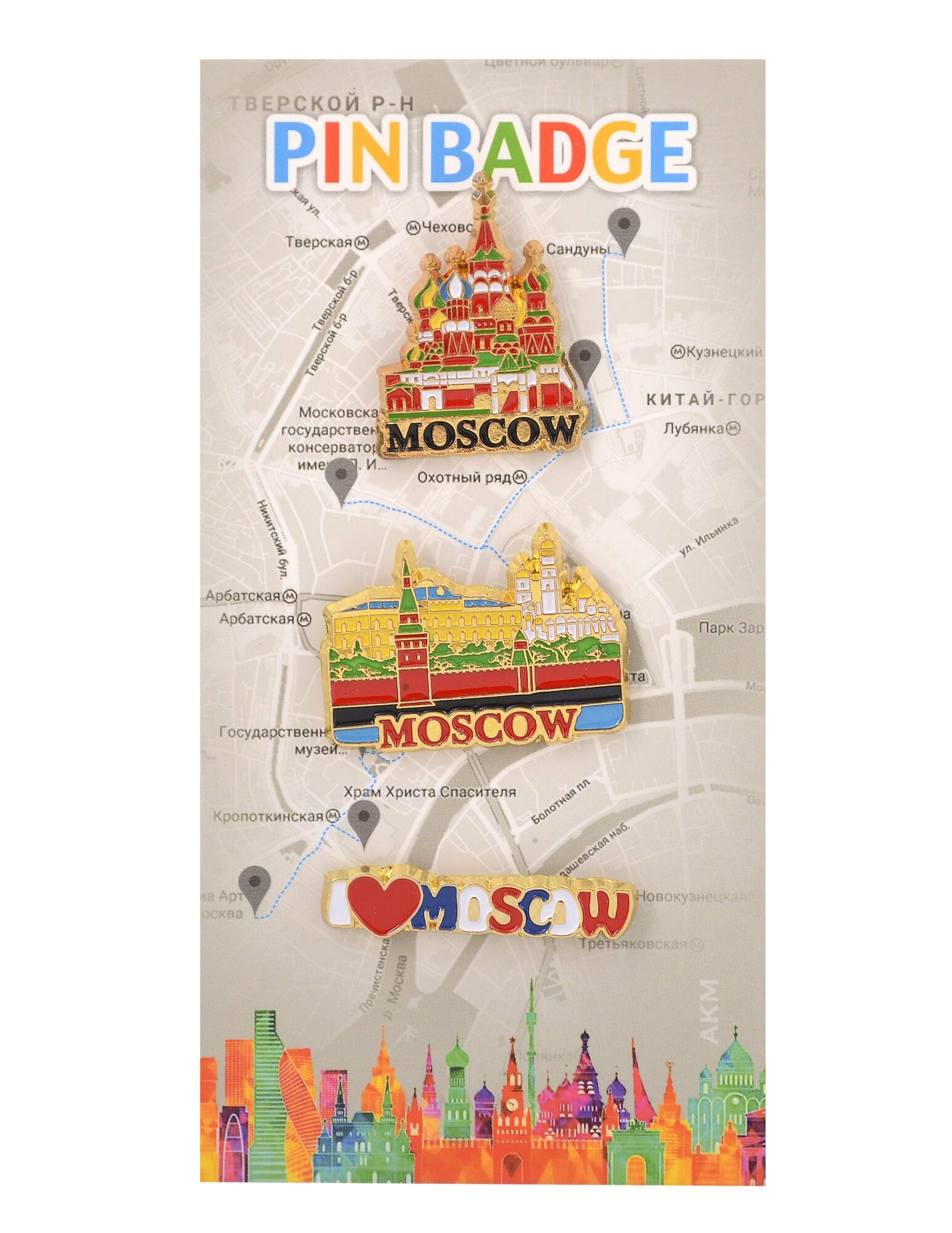 Набор значков эмаль Набережная, Храм Василия Блаженного, I love Moscow (3шт) (Москва) (56-3-19-3)