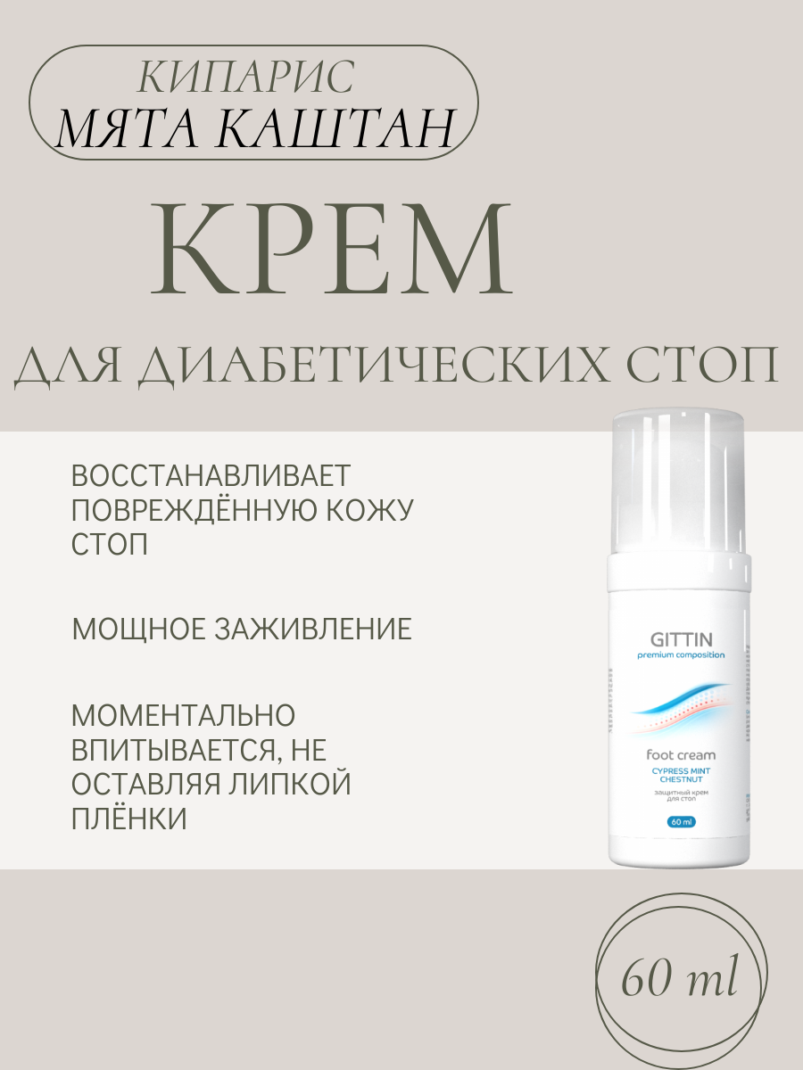 60 мл Крем-эмульсионный для стоп ног "Кипарис Мята Каштан" (защитный) Бережный уход за диабетической стопой Гиттин