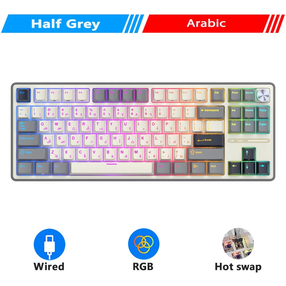 RK Royal Kludge RK R87Pro Проводная механическая клавиатура 87 клавиш Brown Switch, Arabic Half Grey