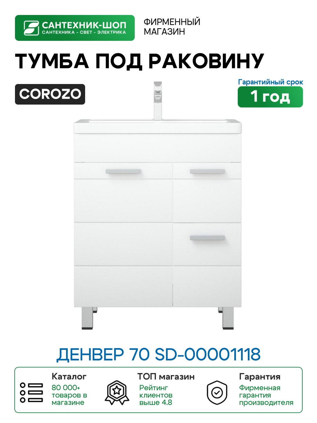 Тумба под раковину Corozo Денвер 70 SD-00001118 цвет Белый