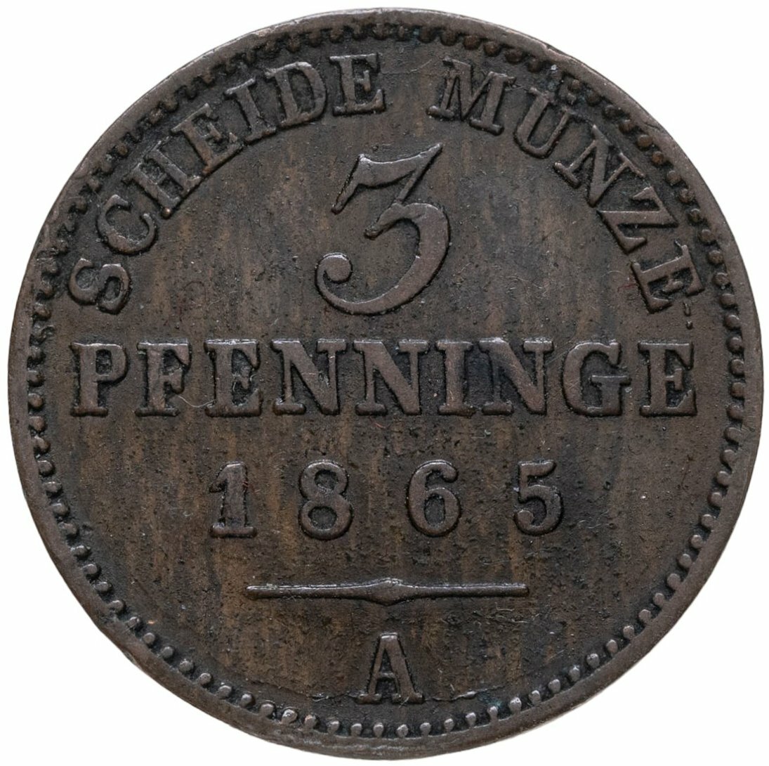 Германия, Пруссия 3 пфеннинга 1865 А, Медь, в сохранности VF-XF