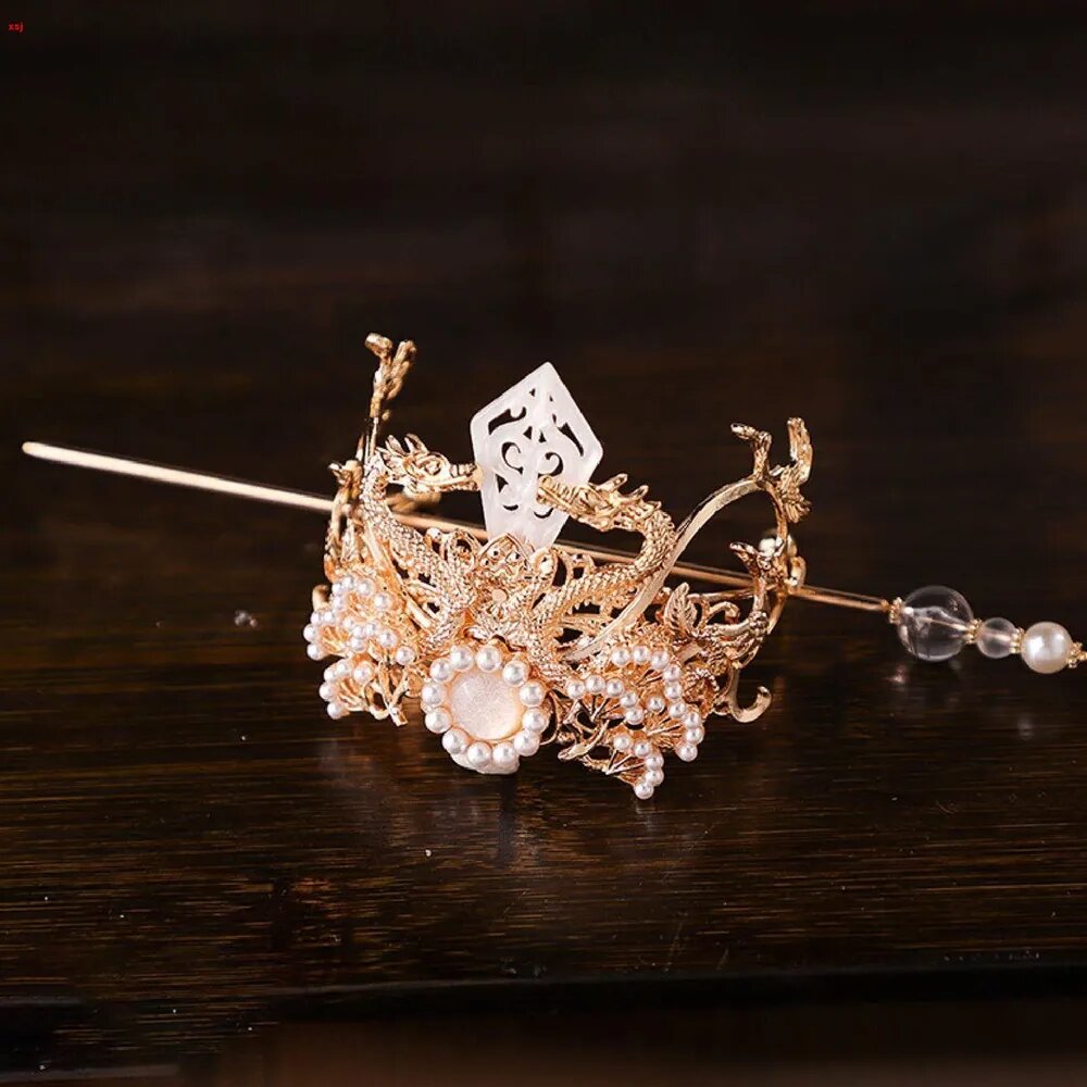 Диадема корона для волос в древнем придворном стиле, украшенная драконами и жемчугом