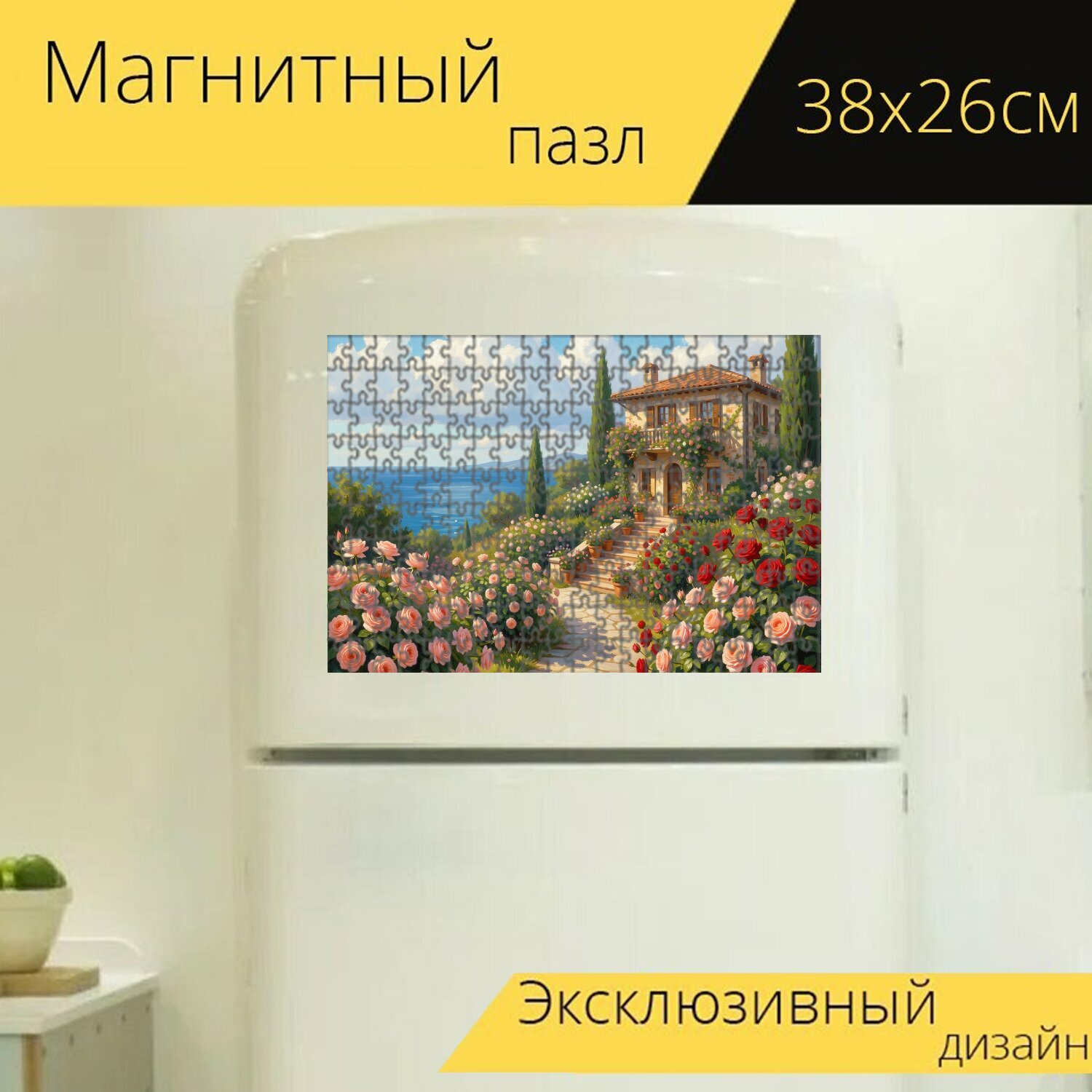 Магнитный пазл "Средиземноморская вилла у моря. Солнечный южный пейзаж с каменным домом, цветущим садом роз, кипарисами, лестницей и лазурным побережьем." для интерьера, 38х26 см.