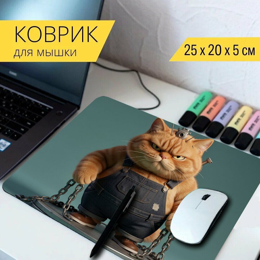 Коврик для мыши с принтом "Суровый рыжий кот механик. Пухлый полосатый питомец в джинсовом комбинезоне и ботинках стоит на металлическом подиуме с цепями. 3D-иллюстрация." 25x20см.