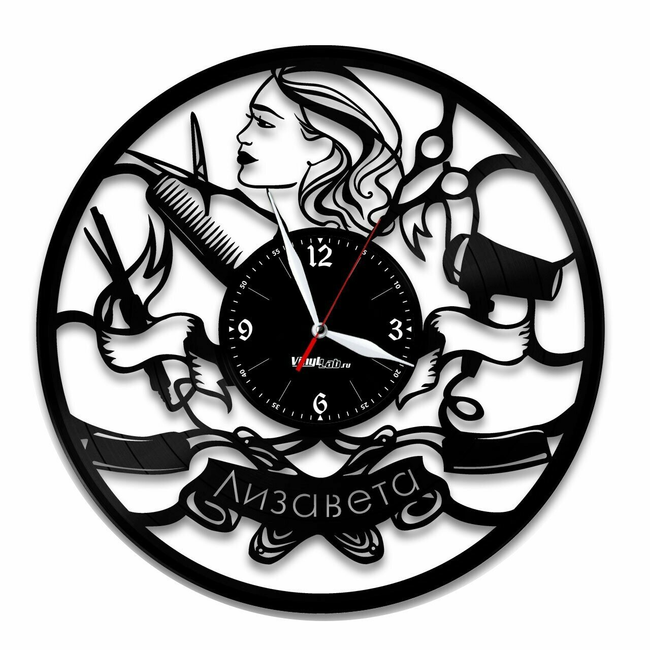 Часы из виниловой пластинки (c) VinylLab Парикмахерская, диаметр 30 см