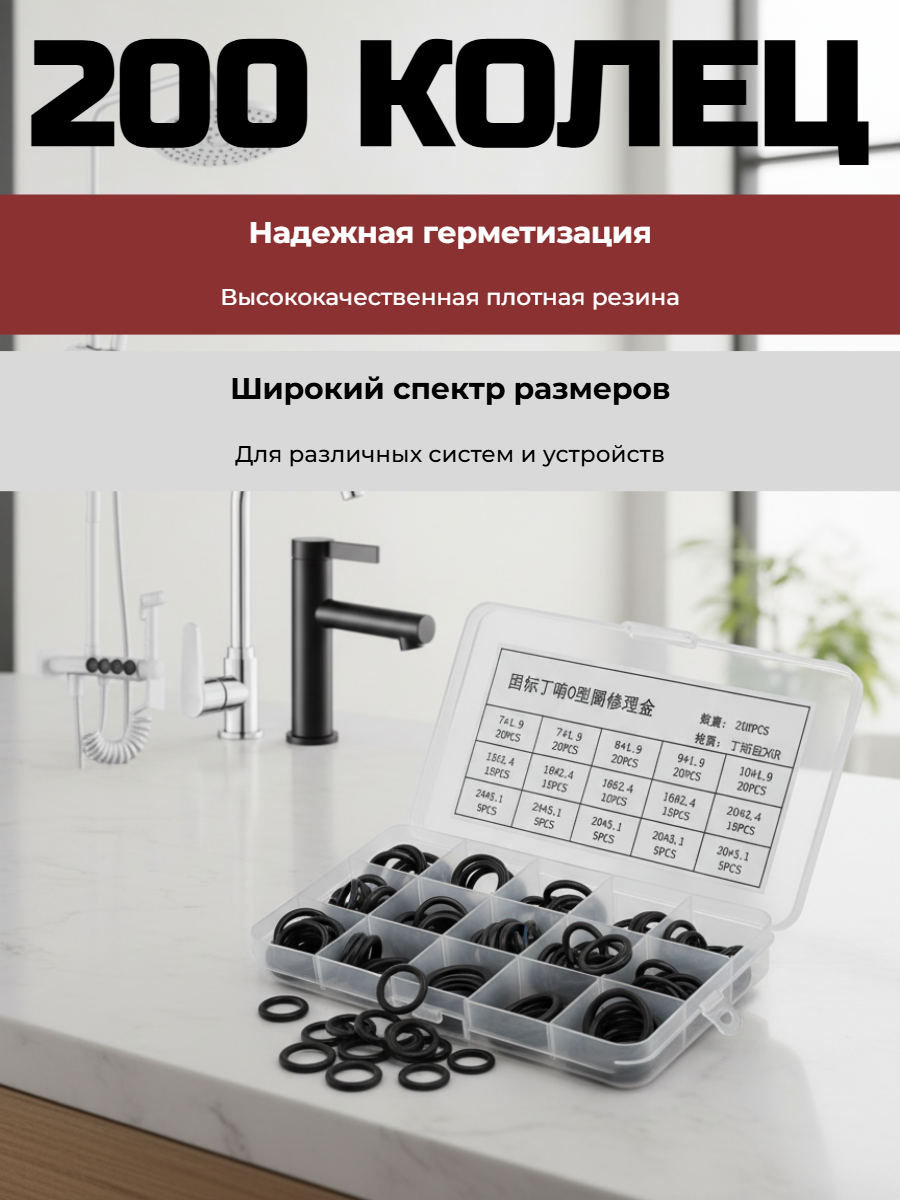 Набор уплотнительных резиновых колец прокладок, бензо-маслостойких, расходники, 200 штук