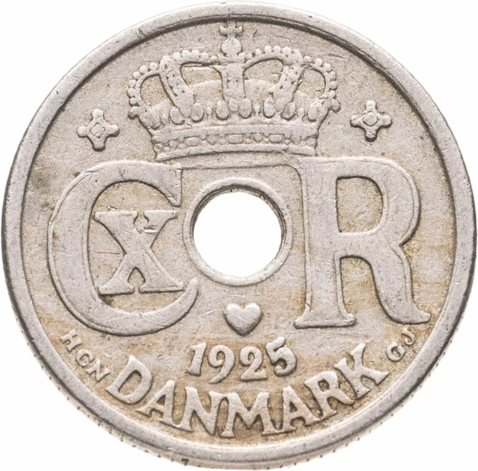 Дания 10 эре ore 1925, Мельхиор медь-никель, в сохранности VF