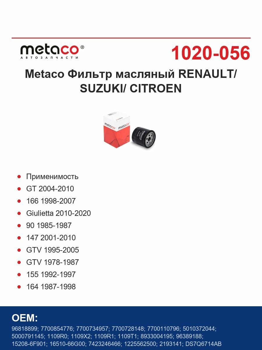 Metaco Фильтр масляный RENAULT/ SUZUKI/ CITROEN