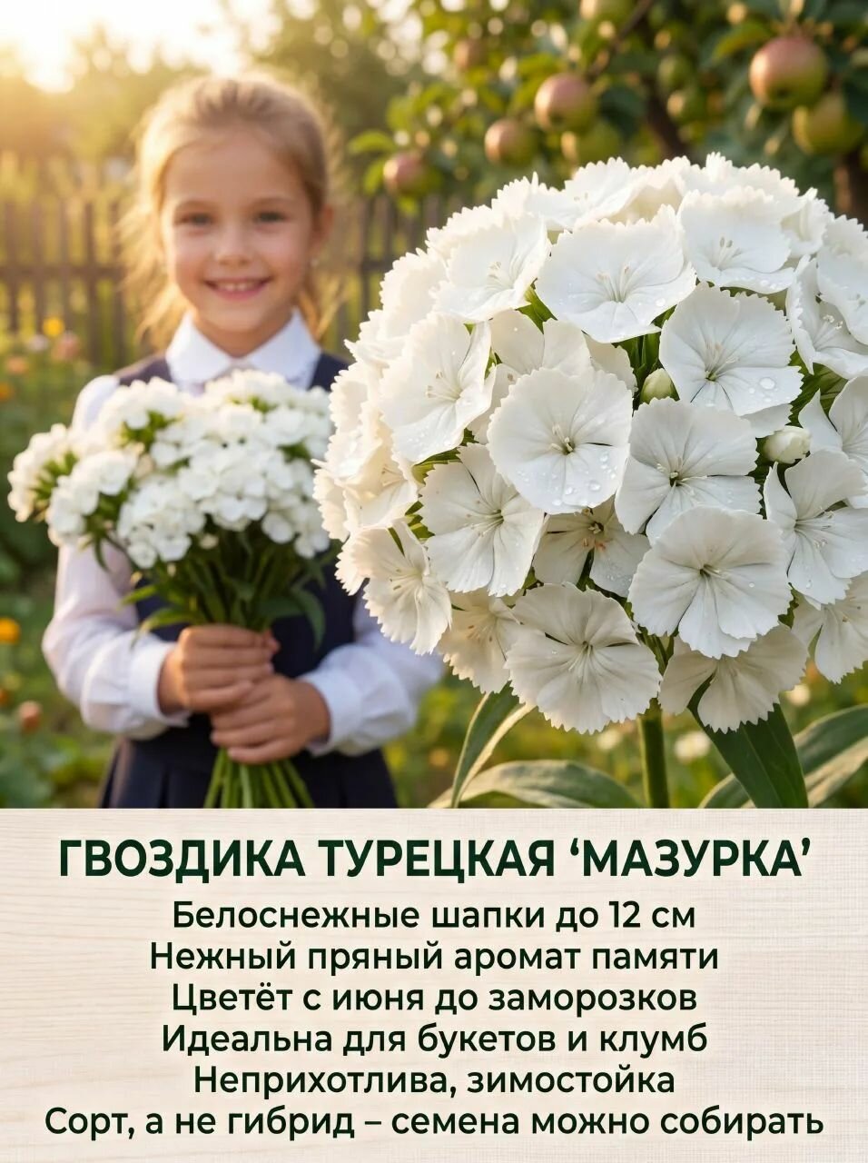 Семена гвоздика турецкая Мазурка (0,1 г) белая шапка 40-60 см, зимостойкая, для клумб и срезки