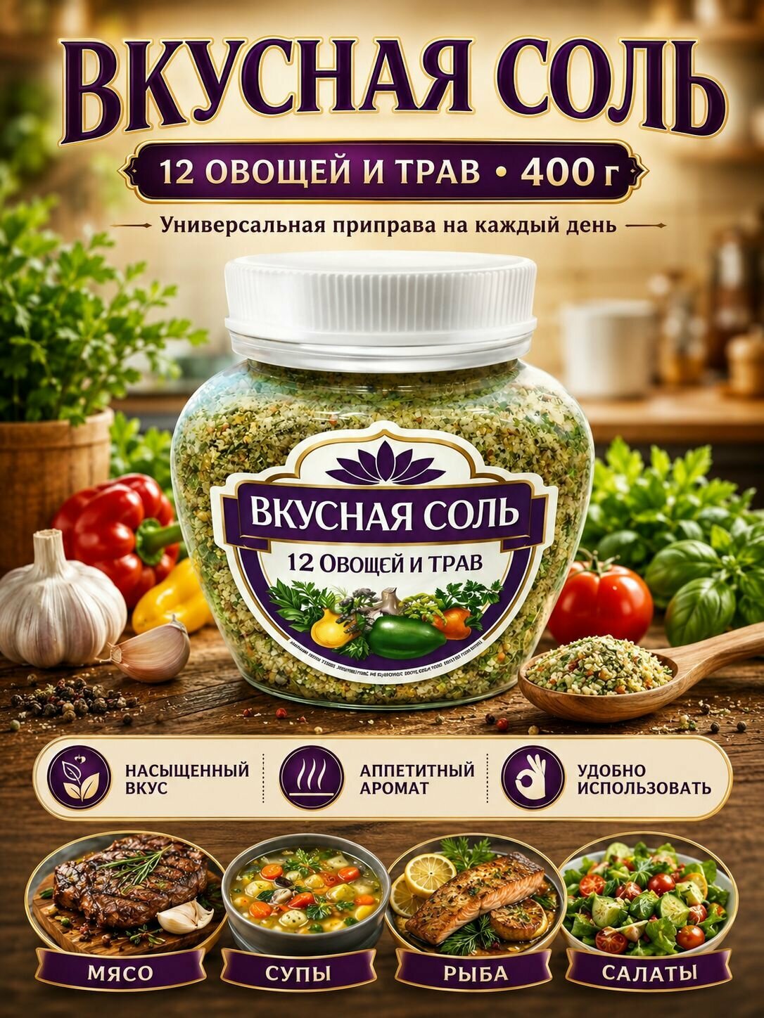 Вкусная соль 12 овощей и трав 400 г, универсальная овощная приправа для мяса, курицы, рыбы, супов, салатов и овощей