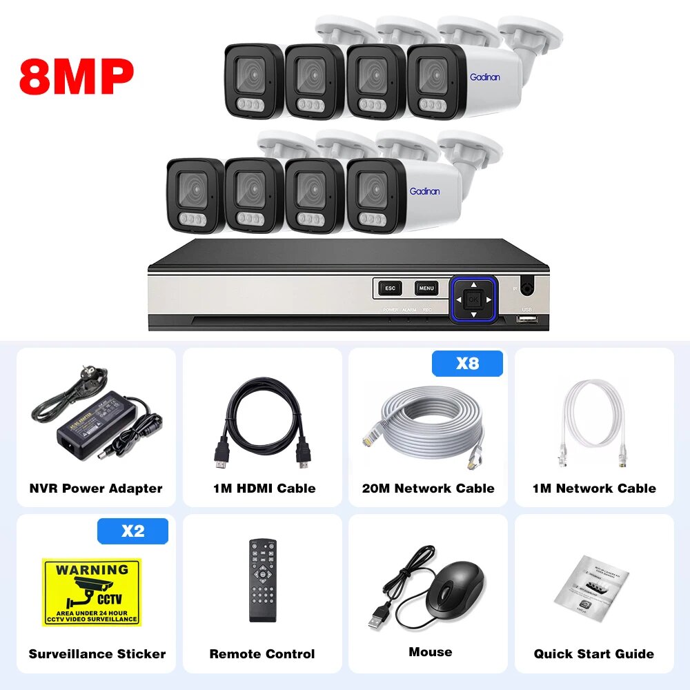 Система видеонаблюдения Gadinan 10CH CCTV IP Poe для дома с распознаванием лицо 4K 4Mp 8Mp набор с двусторонним аудио и искусственным интеллектом для улицы приложение XMEye