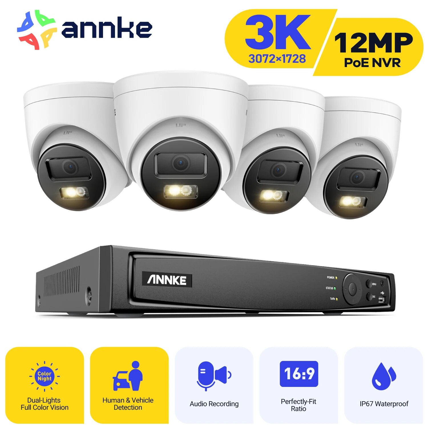 Система безопасности камер ANNKE 12MP Ультра HD 3K/5MP POE NVR с встроенным микрофоном, ночным видением с двусторонней цветной подсветкой, набор видеонаблюдения CCTV
