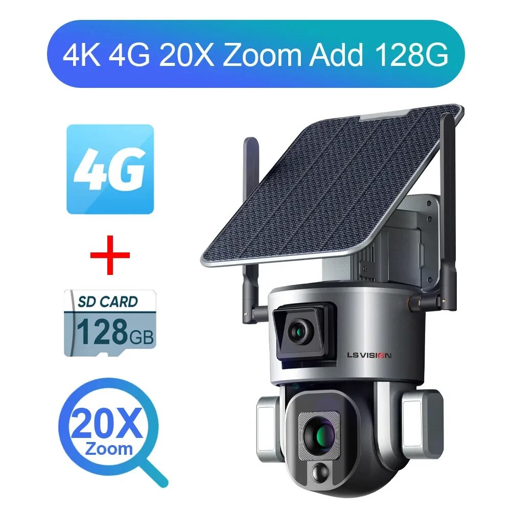 LS VISION 4K UHD Двухэкраническая 4G Камера на Солнечной Энегрии Наружная WiFi 20X Оптическое Зуммирование Двуусторонняя Речь Автоматическое Отслеживание Человека CCTV Камера