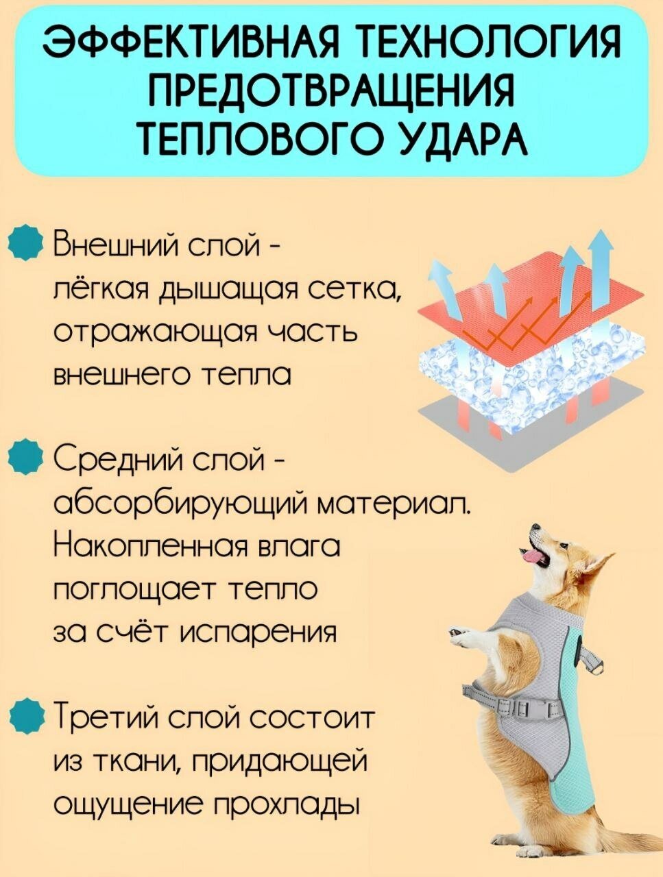 Охлаждающий жилет попона для собак крупных пород, голубой, 3XL