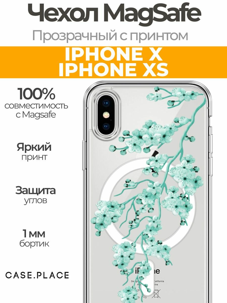 Чехол на Apple iPhone X/XS (Айфон X/XS) MagSafe с магнитом и принтом Бирюзовая веточка сакуры