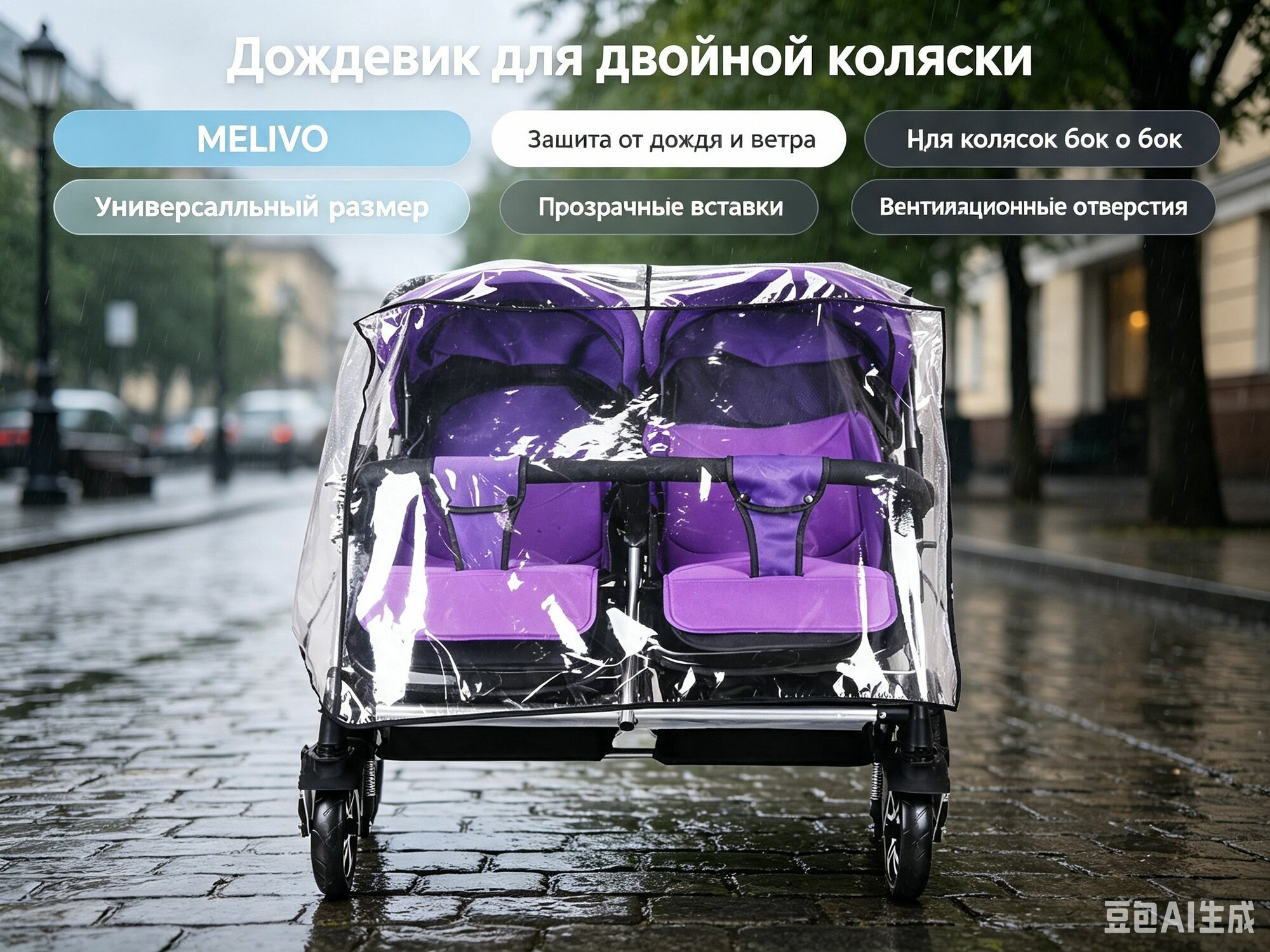 Защитный дождевик MELIVO для двойной коляски бок о бок, защита от дождя и ветра