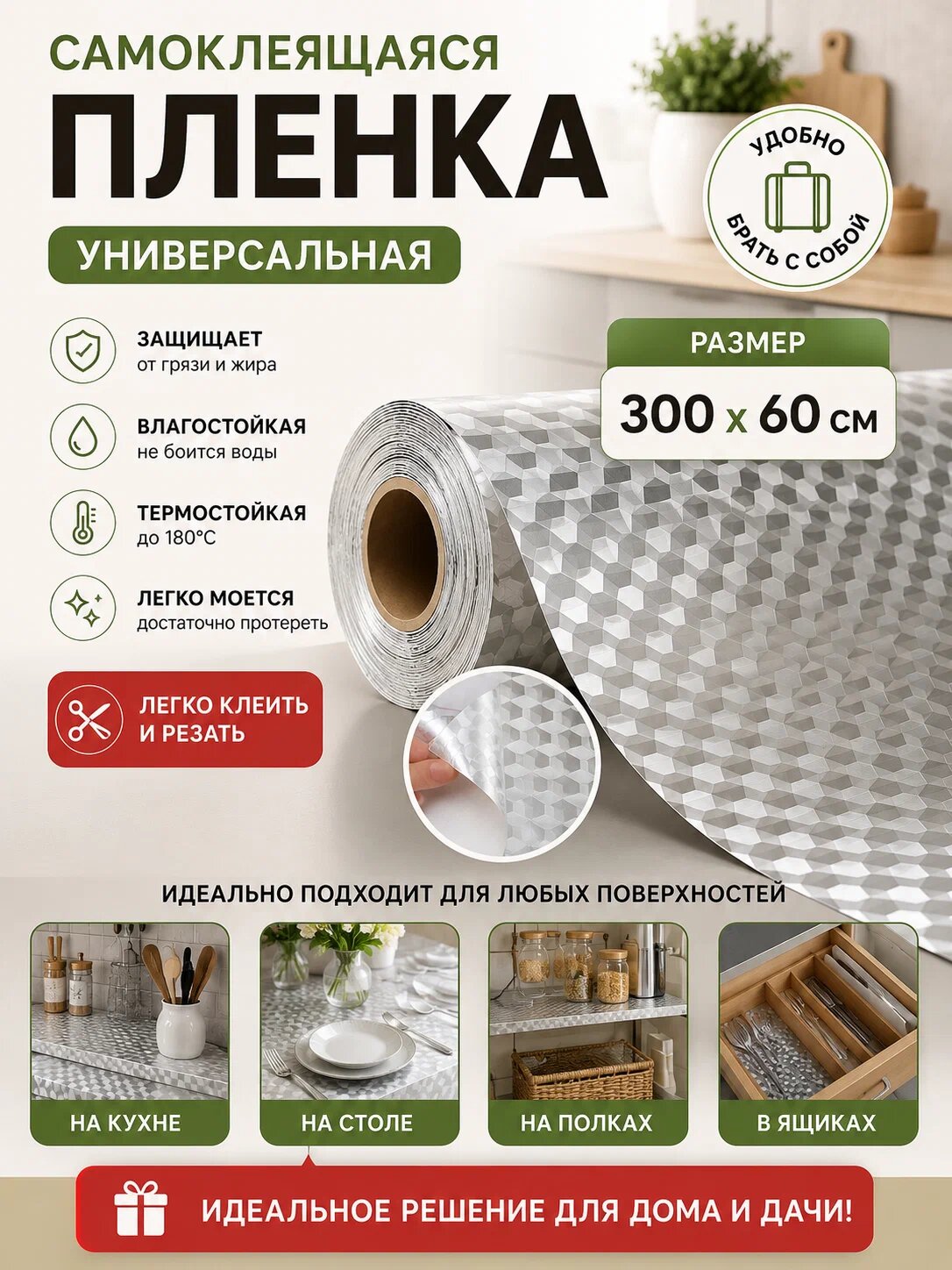 Защитная кухонная пленка, 300 см x 60 см, серебристая, самоклеящаяся, водостойкая