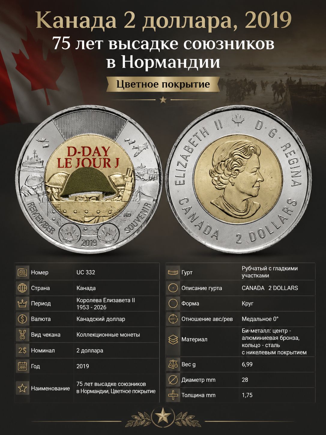 Канада 2 доллара, 2019 75 лет высадке союзников в Нормандии, цветная aUNC