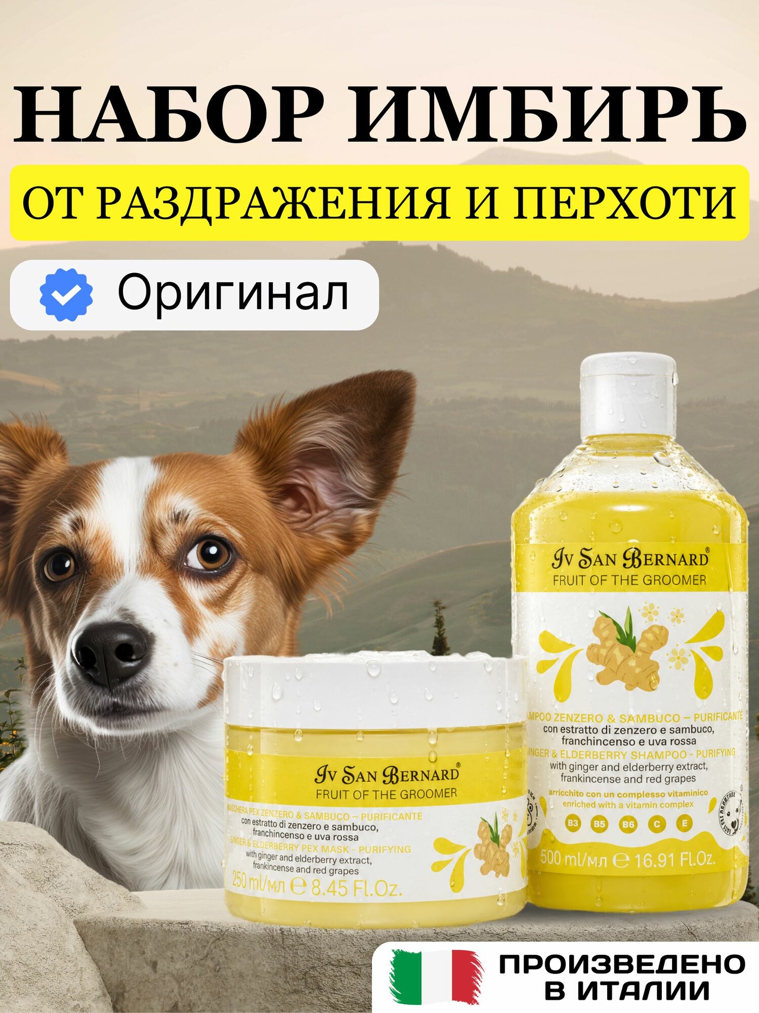 Выгодный набор шампунь для собак и маска Имбирь-Бузина эффективно справляется с раздражением, зудом и перхотью у всех пород и типов шерсти, Iv San Bernard, Италия, 500+250 мл