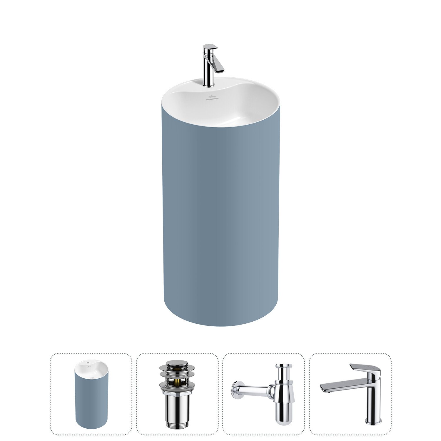 Круглая напольная раковина для ванной Wellsee Chalice Perfection 20213088R в наборе 4 в 1: напольная отдельностоящая раковина моноблок (чаша белый глянец, стенки матовый светло-синий), донный клапан, сифон, смеситель (цвет хром)