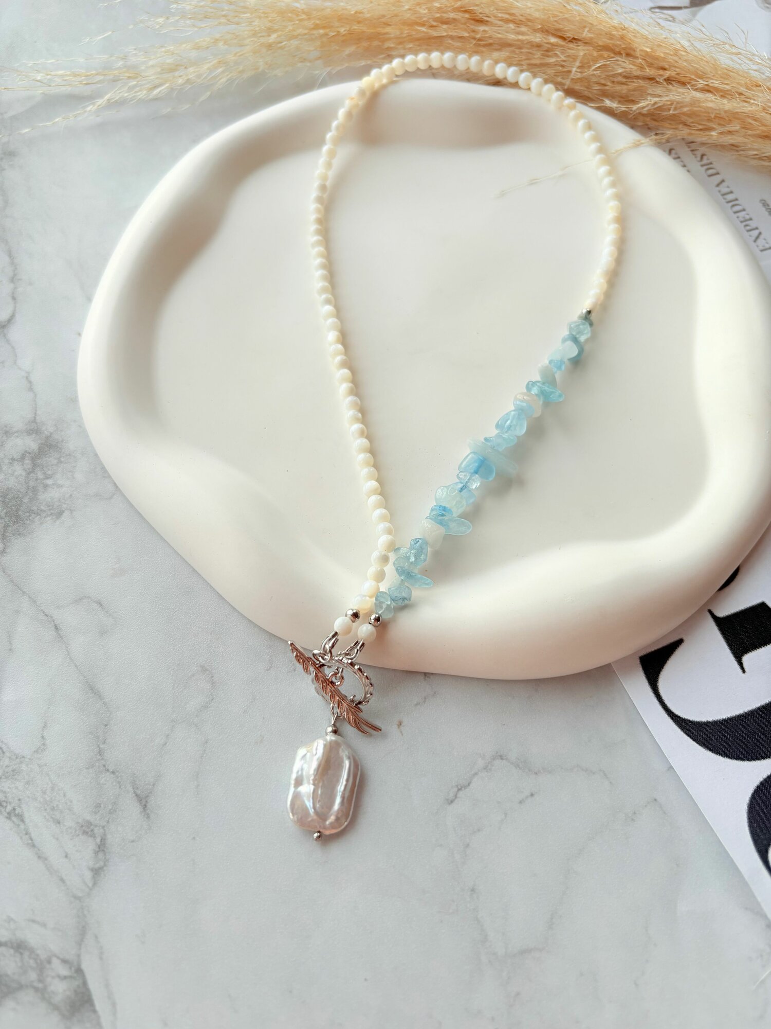 Чокер, аквамарин, перламутр, жемчуг барочный