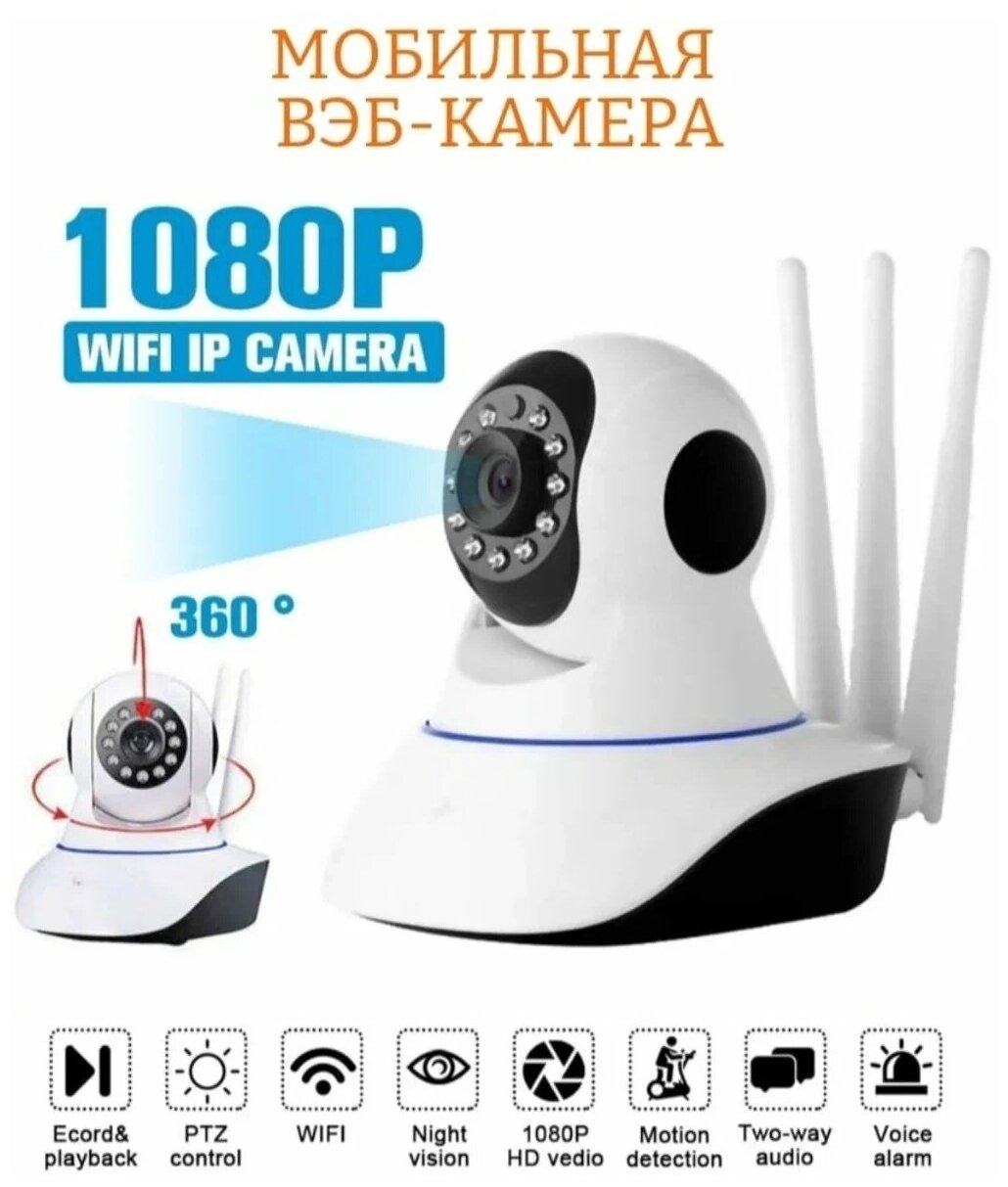 Беспроводная камера наблюдения Wi-fi / Беспроводная камера видеонаблюдения для помещений / Поворотная Wi-fi камера наблюдения