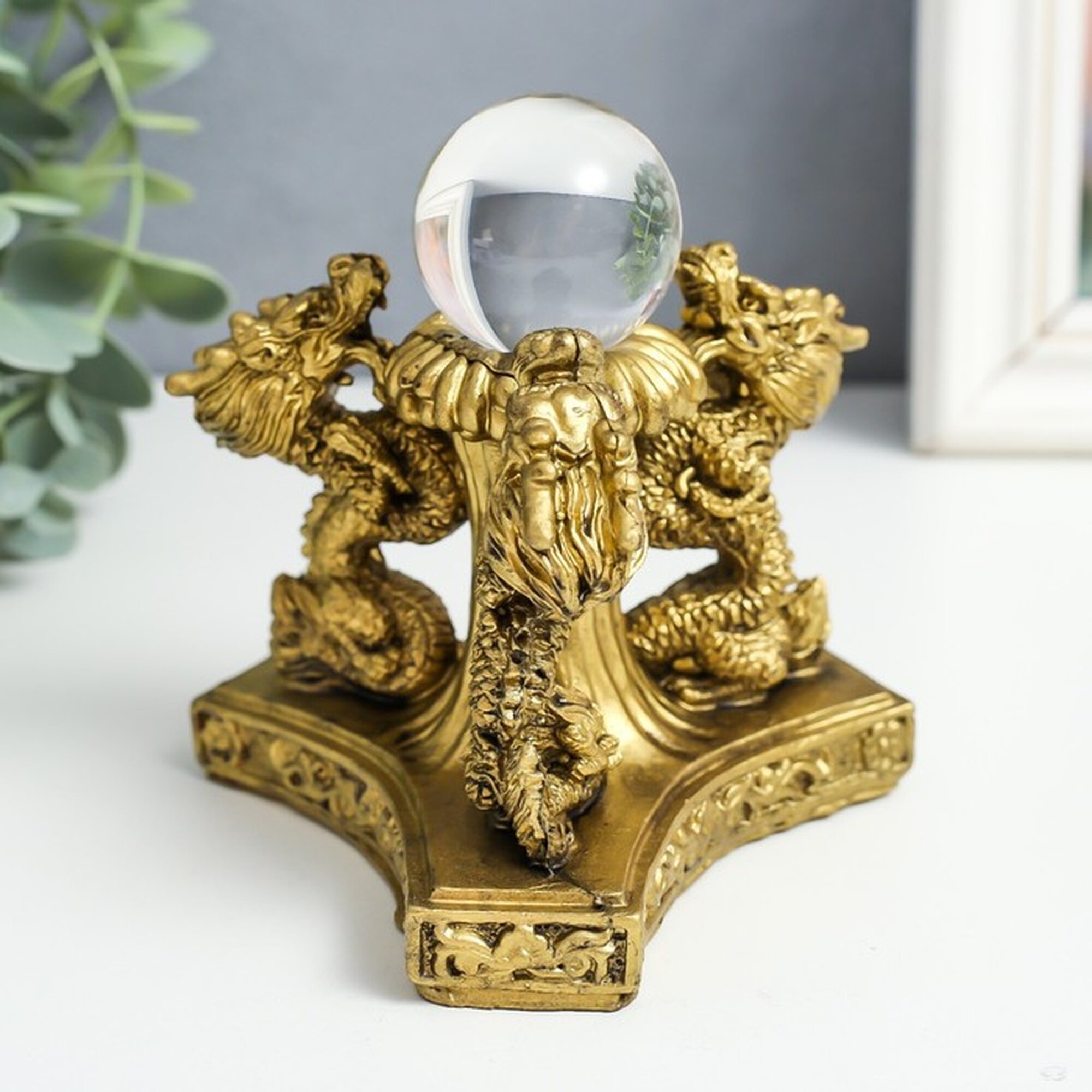 Нэцкэ фигурка «3 дракона с шаром», полистоун, под бронзу, 12×12×11