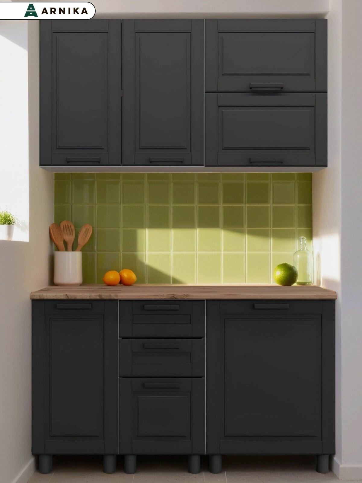 ARNIKA Кухонный гарнитур "Нордик", 1,4м, фасады МДФ, модульный, черный/сонома