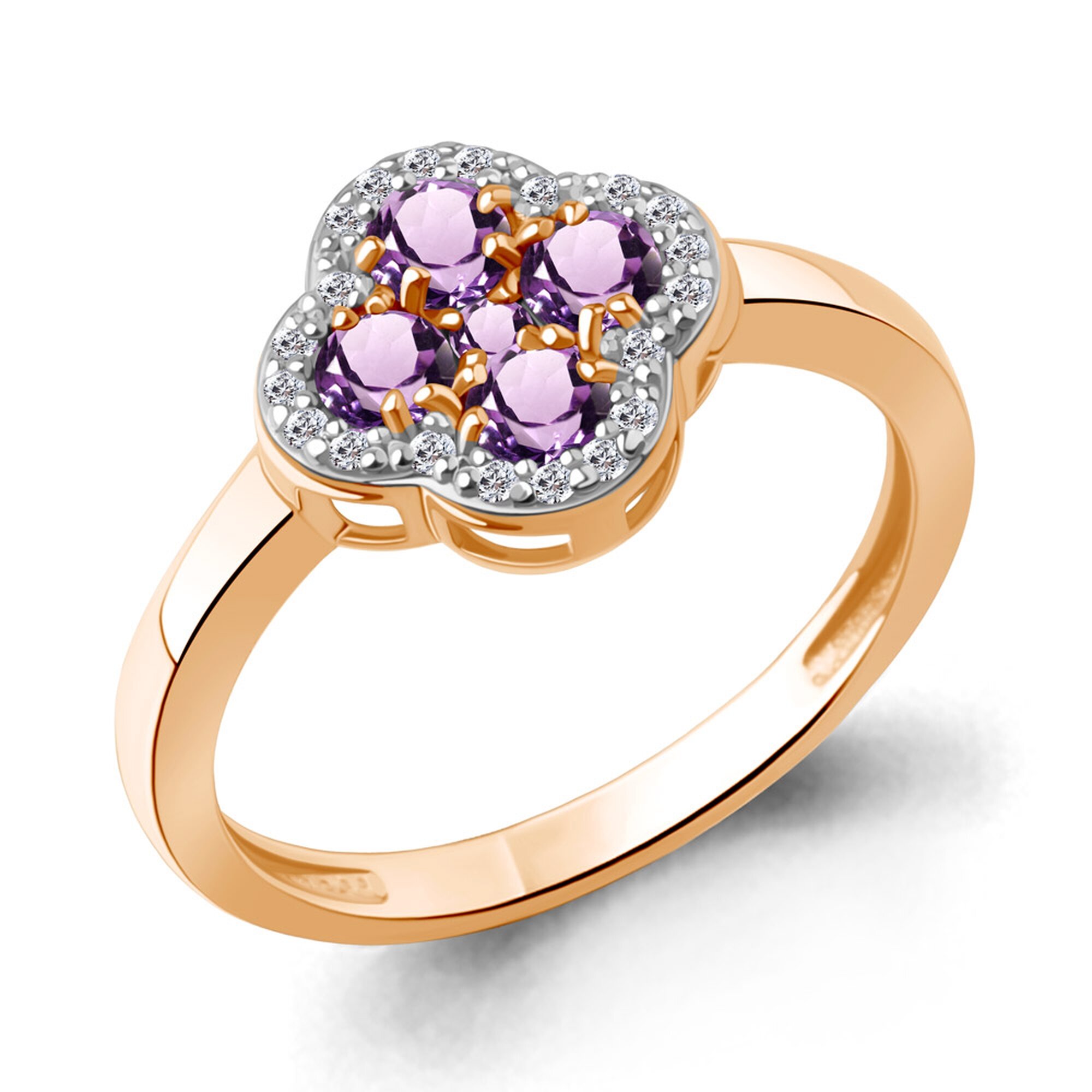 Кольцо, серебро, 925 проба, золочение, аметист, фианит