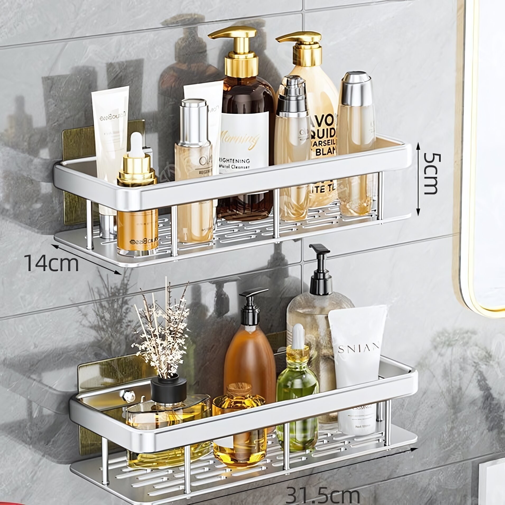 Комплект настенных полок для ванной, 2 шт, алюминий, 31,5×14×5 см, цвет серебристый