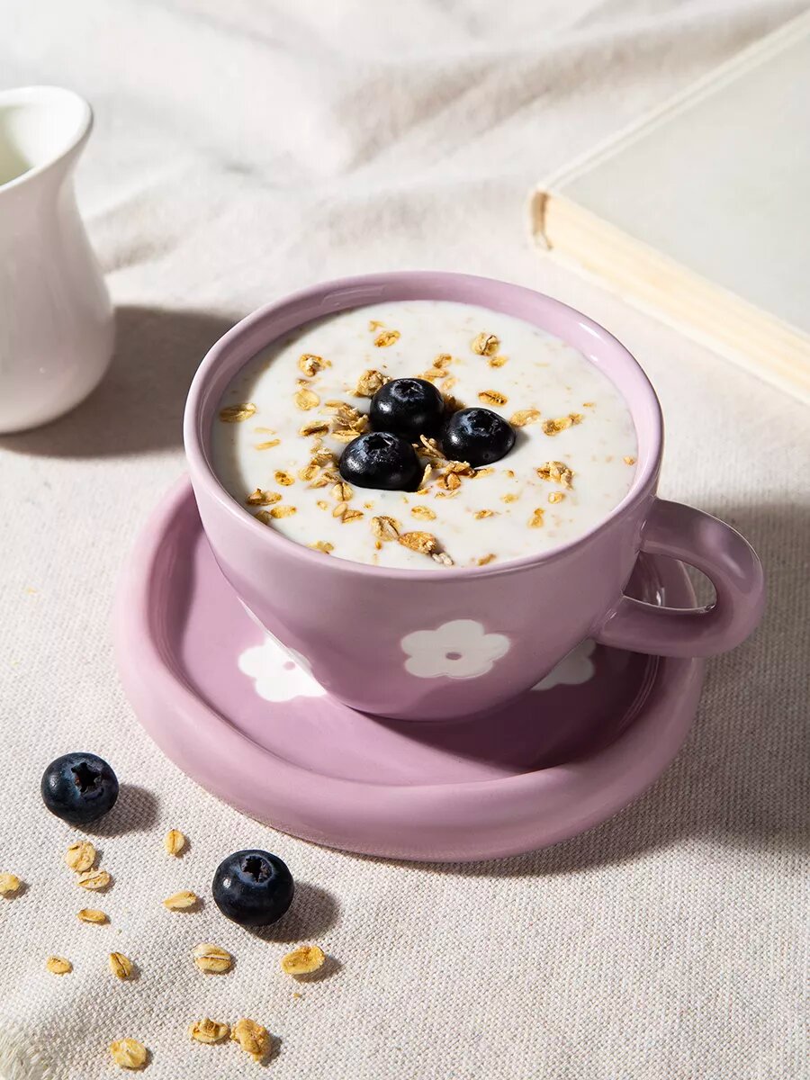 Чайная пара DB HOMME, блюдечко и чашечка, ручная работа, керамика, дизайн цветы, малиновая