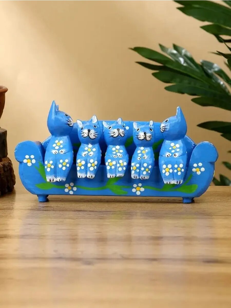 Декоративное семейство кошек из дерева, синий