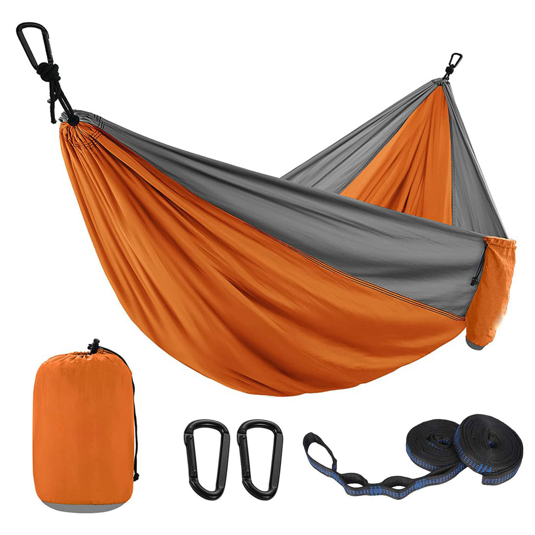 Палатка для кемпинга 2 размера, портативные гамак из нейлона-парашютного, с 2 ремнями для подвешивания и 2 карабинными зажимами, цвет 1#: Красный + Черный, 2#: Серый + Оранжевый, 3#: Серый + Черный, 4#: Голубой + Темно-синий, материал 210T парашютный