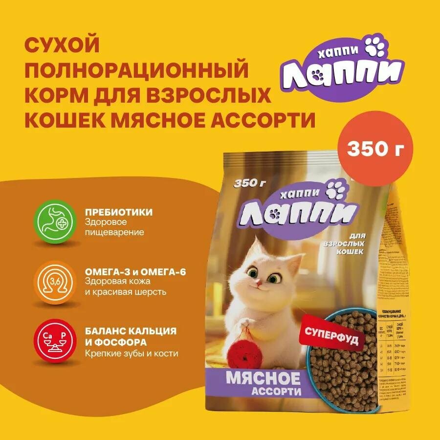 Сухой корм для взрослых кошек Хаппи Лаппи, мясное ассорти 0,35 кг