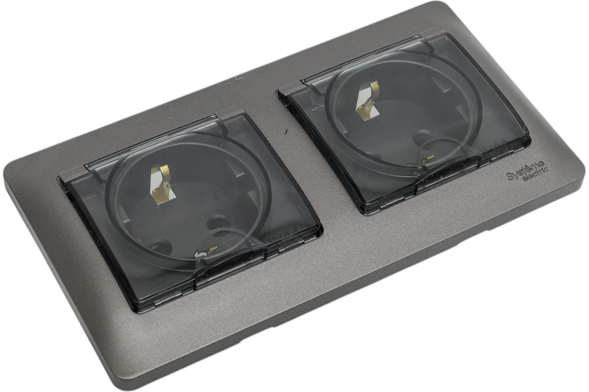 Розетка двухместная с заземлением, со шторками (с крышкой) IP44, Графит, Schneider Electric Glossa