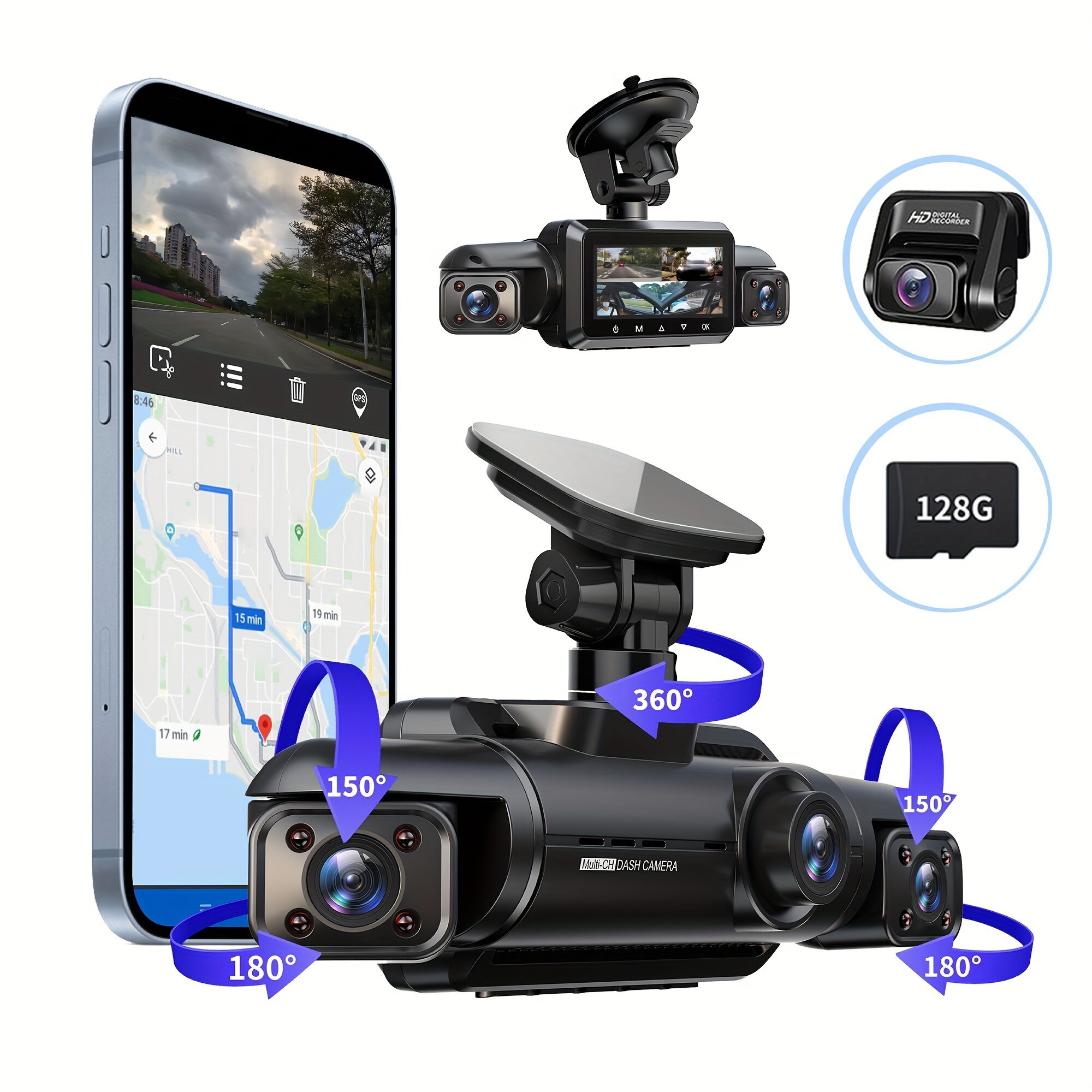 360° Dash Cam 4 Channels F-HD 4 * 1080P, Wi-Fi GPS Car Camera, Free 128GB SD Card, Night Vision