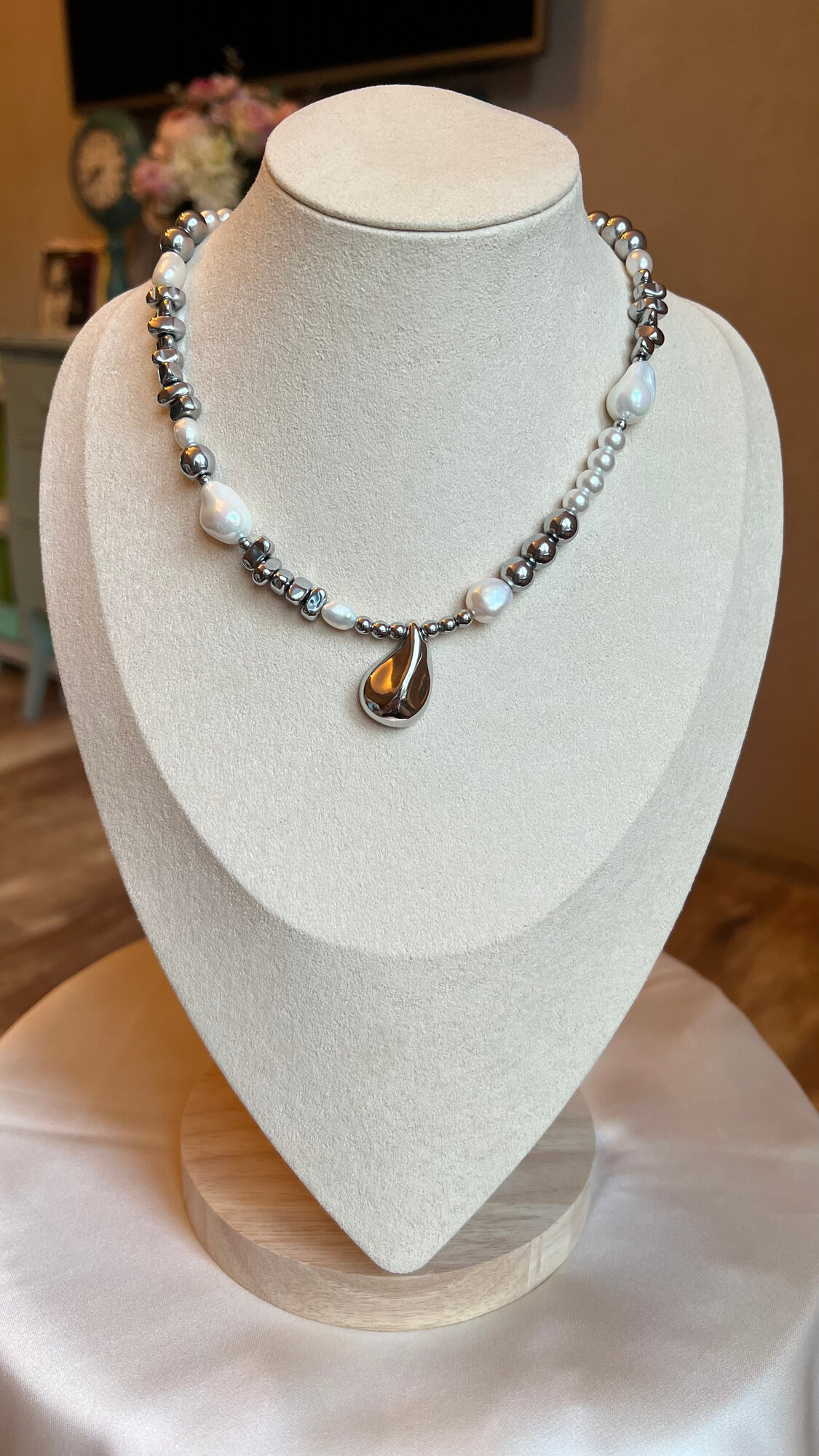 Колье, жемчуг барочный, гематит
