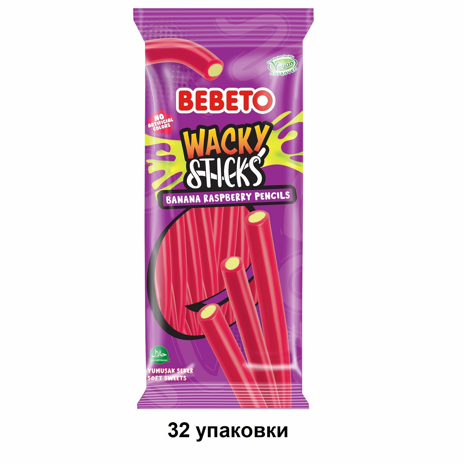 BEBETO Жевательный мармелад Wacky Sticks Banana&Raspberry Pencils, 160 г, 32 уп в коробке