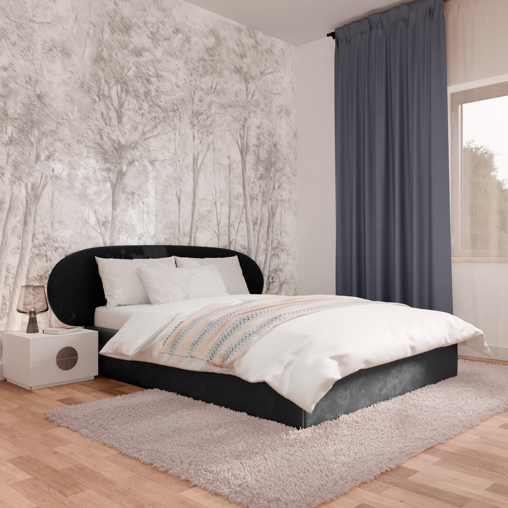 Кровать двуспальная Эллипс с подъемным механизмом 140х190, без ножек, с ящиком, черный/темно-серый