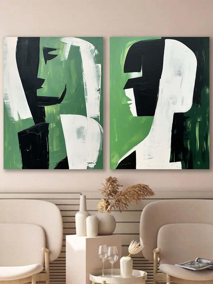 Картина модульная на стену / композиция из 2-х картин, "Зеленая абстракция, минимализм, лица и силуэты", 70х100 см.