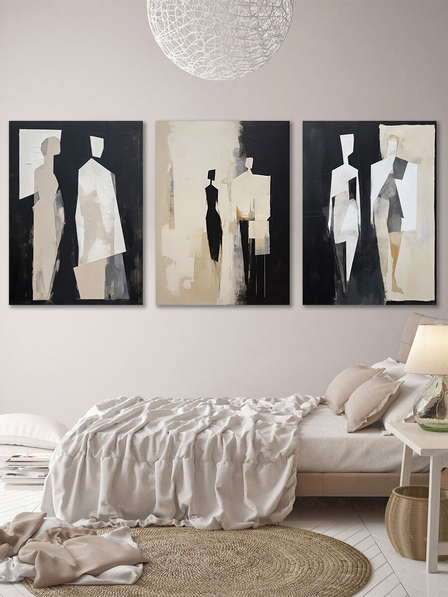 Модульные картины на стену / триптих - "Силуэты людей, абстракция, пара девушка и мужчина", картина 3 шт, модуль 40х90 см