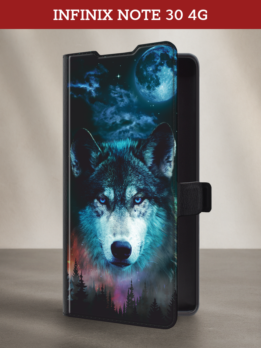 Чехол-книжка на Infinix Note 30 4G / Инфиникс Ноте 30 4G с принтом Лунный волк, черный