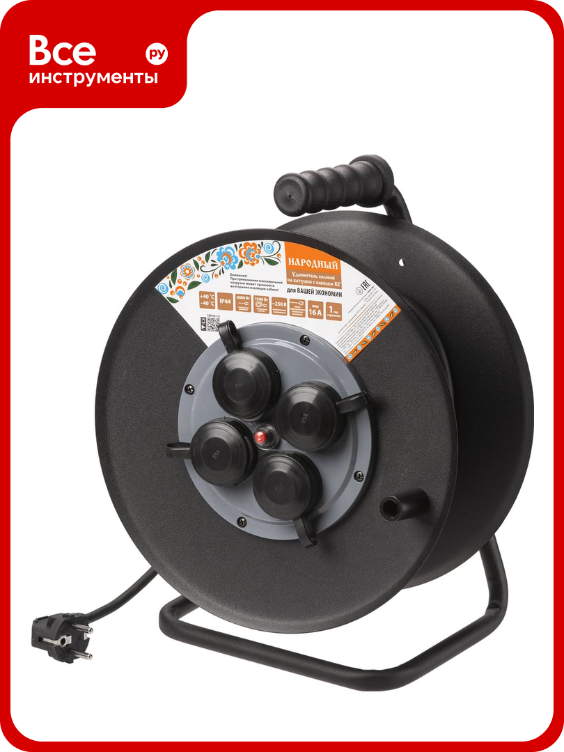 Силовой удлинитель TDM ELECTRIC ухз16-004 металлическая катушка, а3, 4 места, ip44, 30 м, кг, 4000 вт, народный