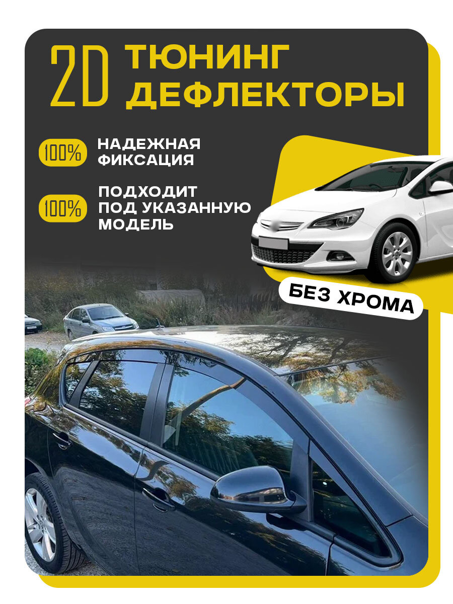 Плоские тюнинг дефлекторы для Opel Astra J пятидверный хэтчбек (2009-2019) 2d дефлекторы / Ветровики на Опель Астра J хетчбек. Комплект 8 шт.