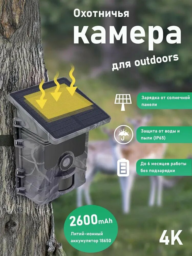 Фотоловушка, 4K, 50МП, ночная, на солнечной батарее, темно-зеленая