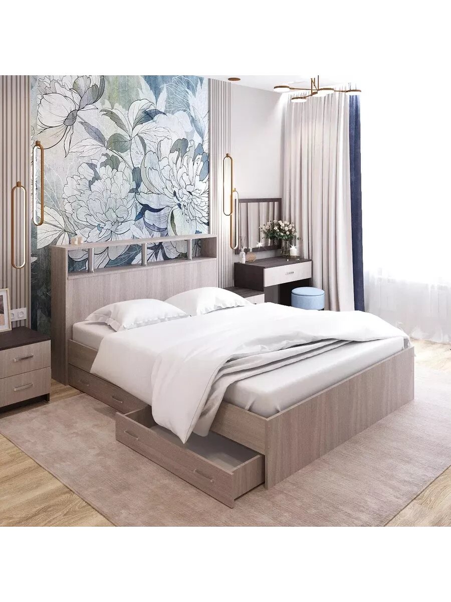 Кровать КМК "Саломея", цвет ясень шимо, двуспальная, с ящиками, ЛДСП, до 100кг, 140x200см