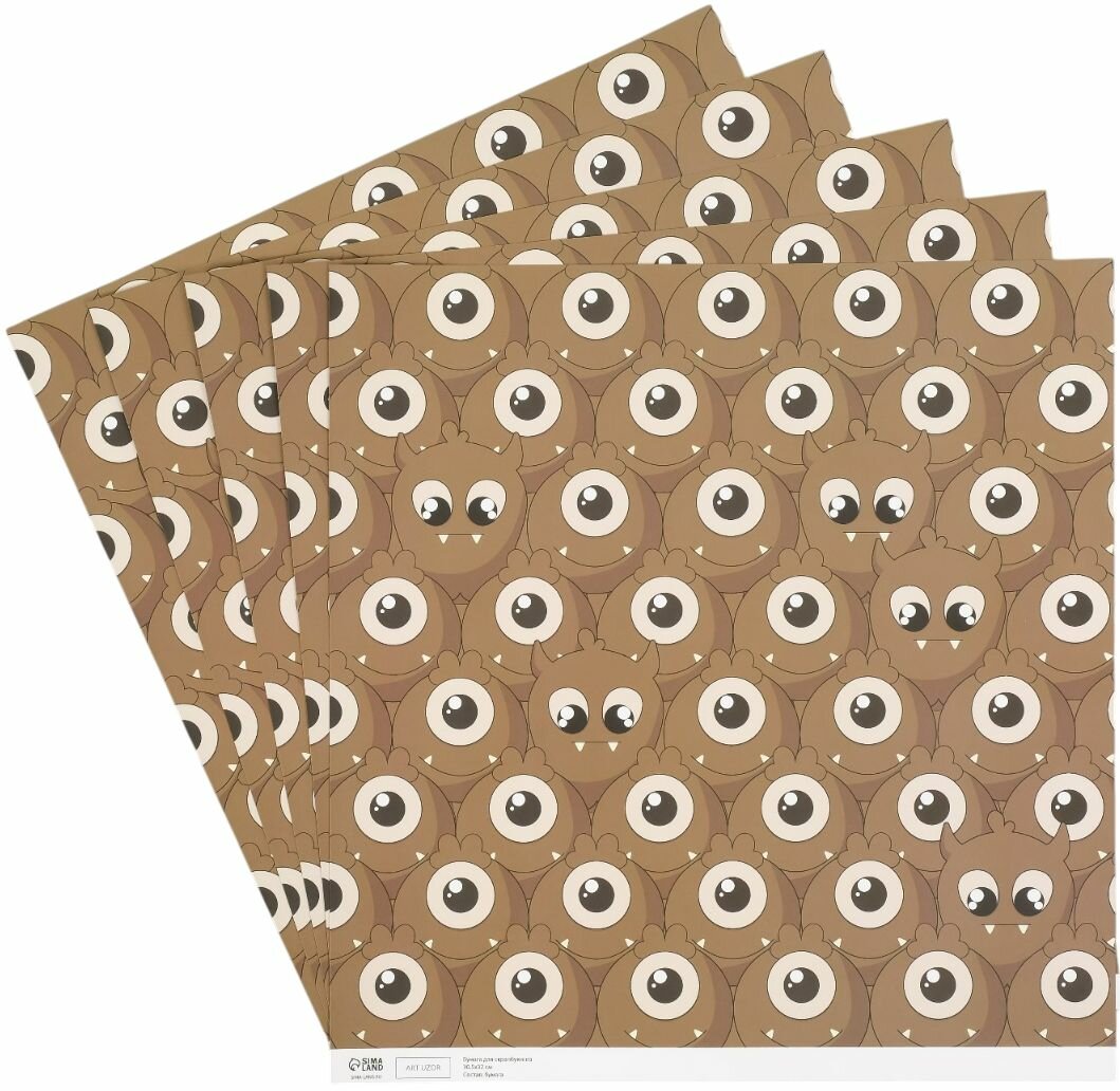 Бумага для скрапбукинга "Монстрики и листья" двусторонняя, размер 30,5х32 см, набор из 5 листов, плотность 180 г/м2