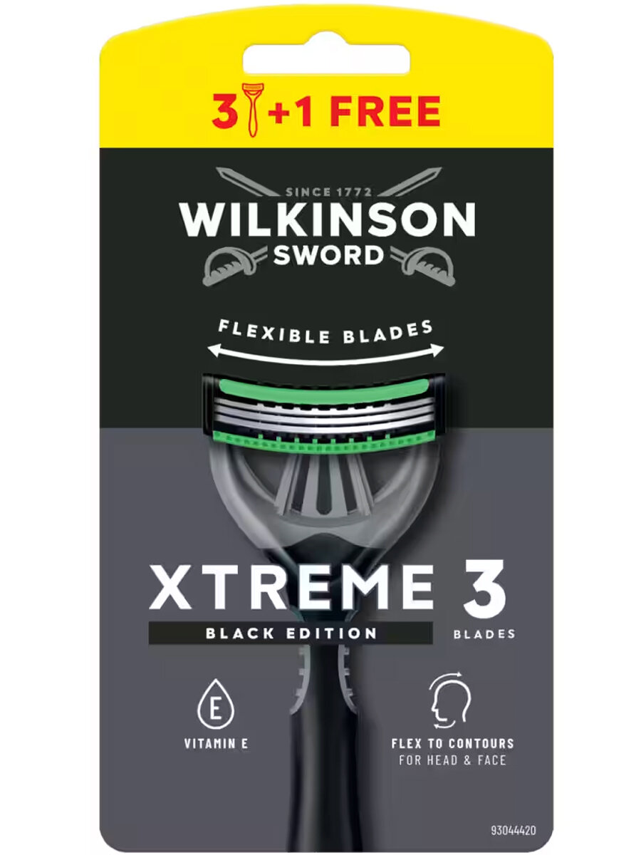 Wilkinson Sword Одноразовые бритвы XTREME3 Black Edition (4 станка), 3 лезвия, плав. головка, увл. полоска