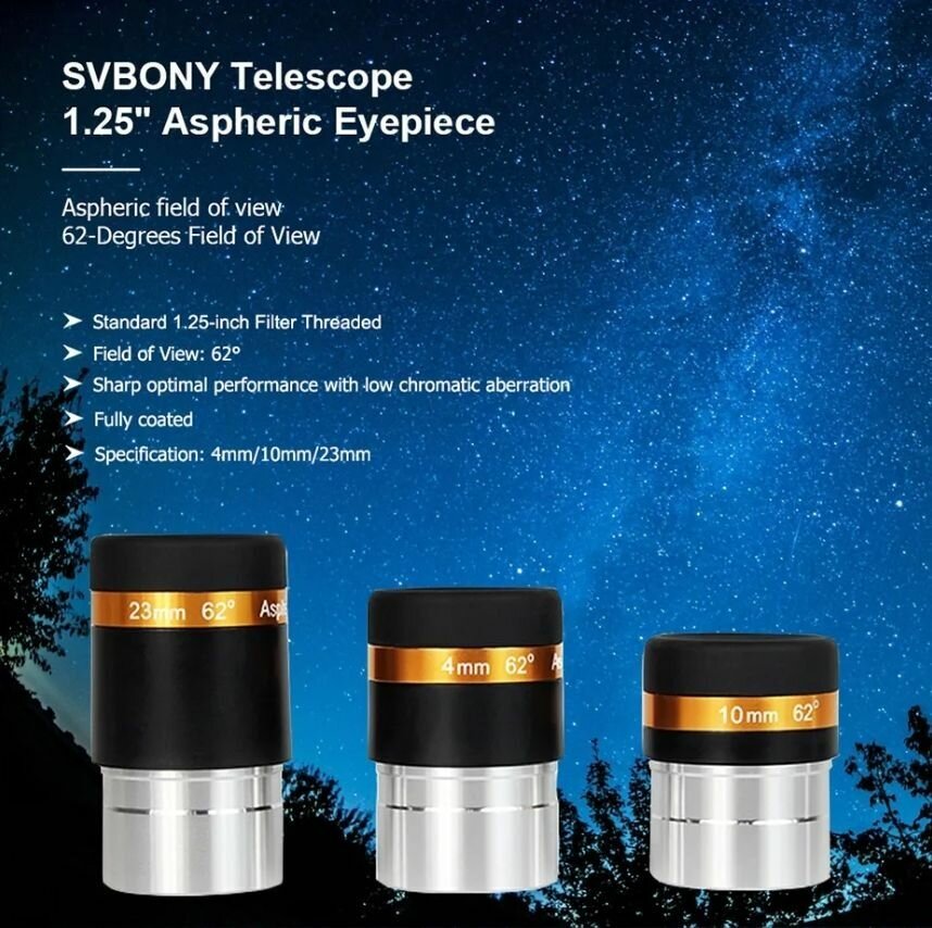 Окуляр SVBONY, асферический, для телескопа, полный спектр, 62°, 23мм