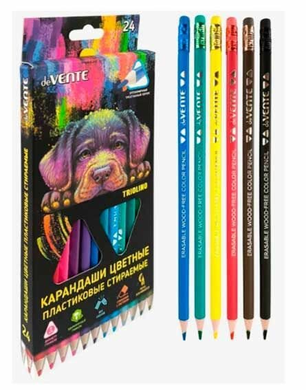 Карандаши пластиковые deVENTE 24 цвета, "Triolino Erase", трехгранные, 2 мм, с ластиком, стираемые, картонная коробка